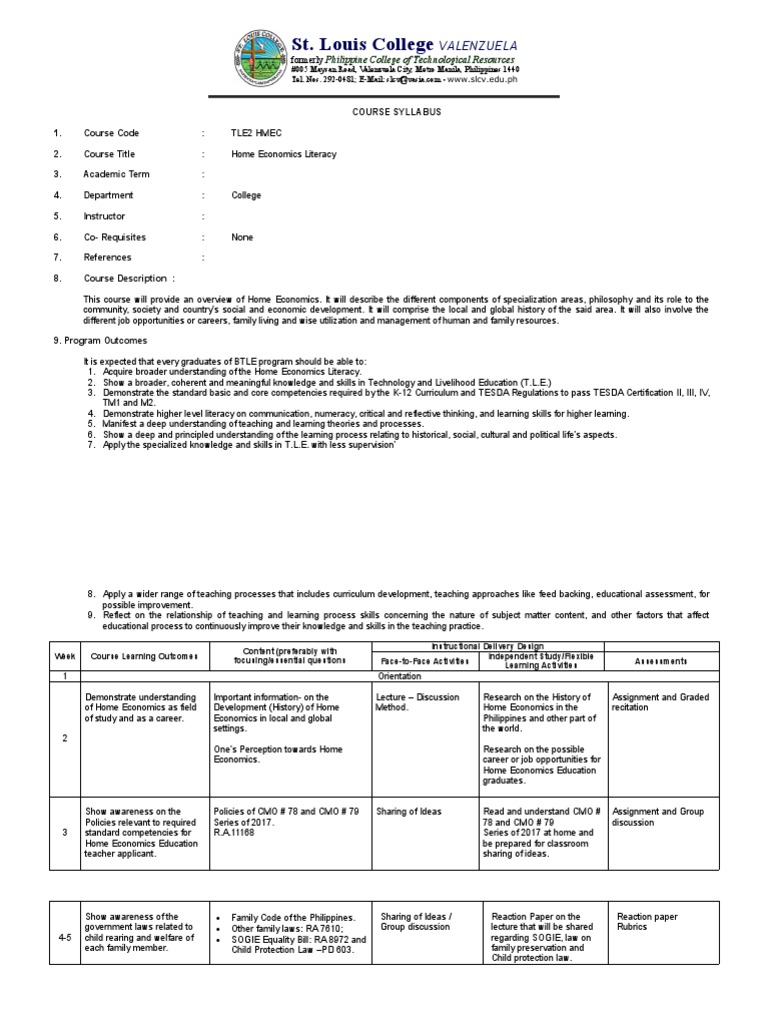 Home Economics Literacy Syllabus | PDF | Home Economics | Economics