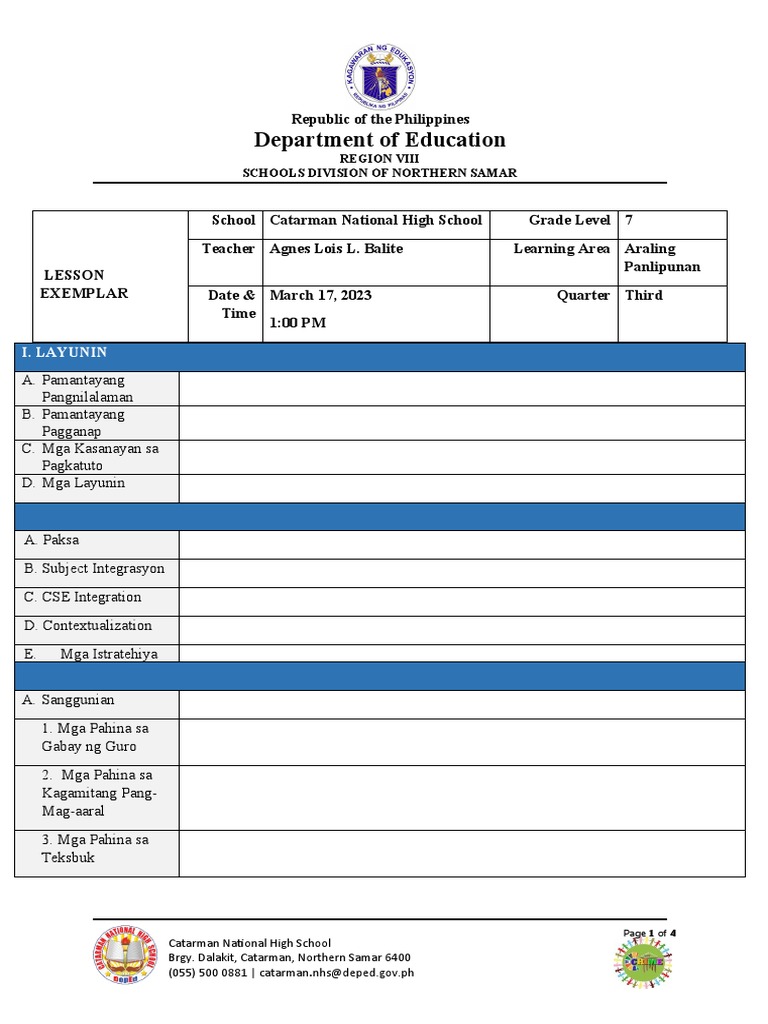 DepEd Northern Samar Lesson Plan Araling Panlipunan | PDF | Pedagogy ...