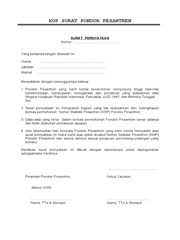Surat Pernyataan Pondok Pesantren | PDF