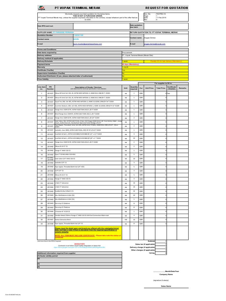 PT Vopak Terminal Merak Request For Quotation: 1102301100 Kevin PT Paradise Perkasa | PDF ...