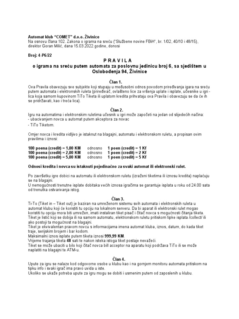 Pravila o Igrama Na Sreću Putem Automata - Živinice 4-P6-22 | PDF