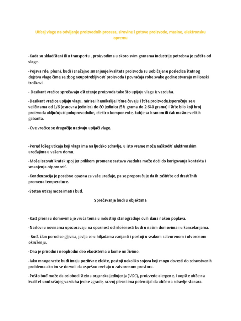 Uticaj Vlage Na Odvijanje Proizvodnih Procesa, Sirovine I Gotove ...