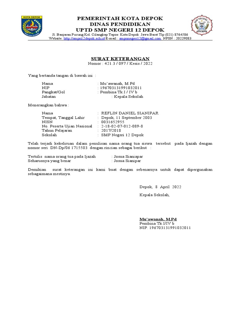 Surat Keterangan Siswa SMP 12 Depok | PDF