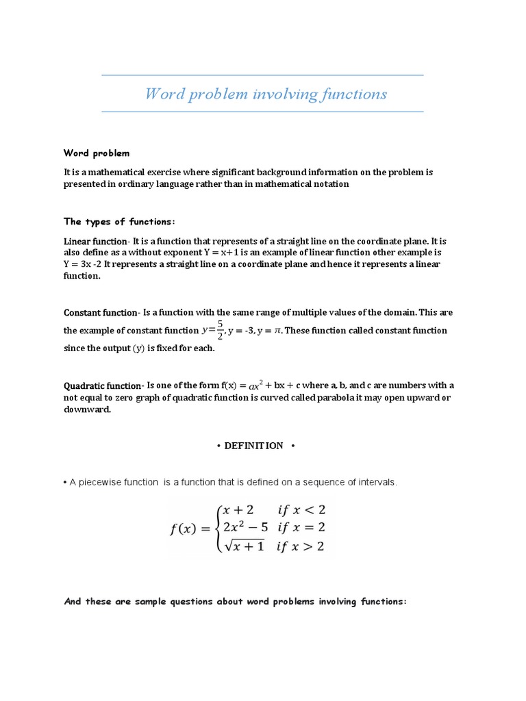 Word Problem Involving Functions | PDF | Function (Mathematics) | Analysis