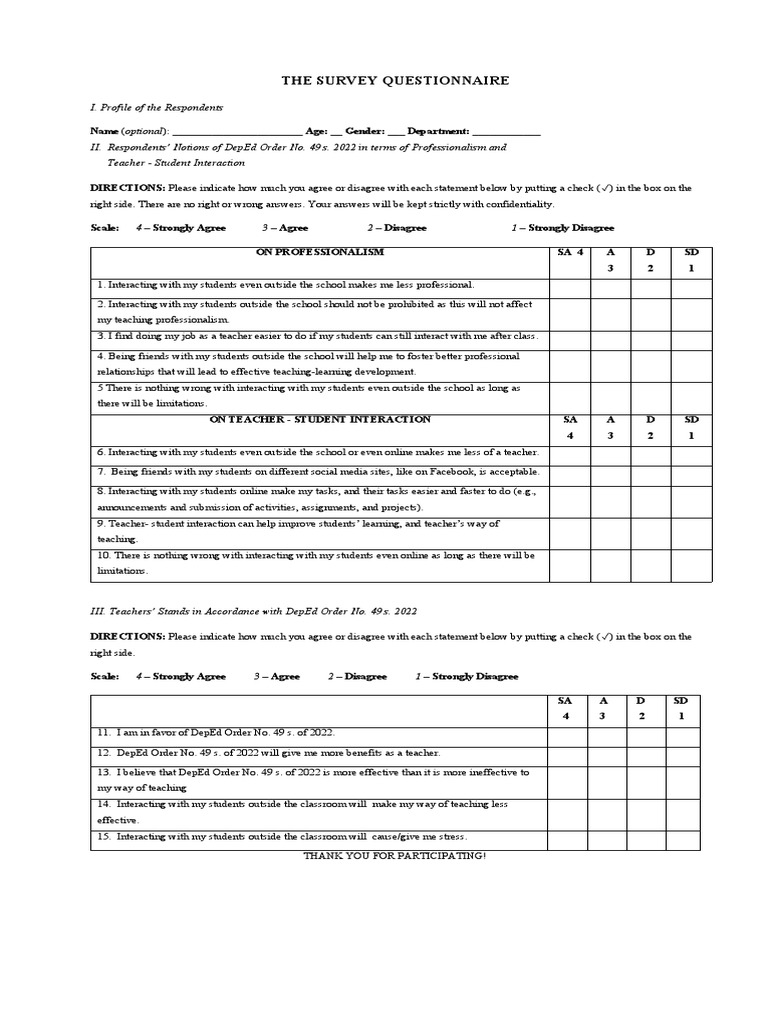 1final Survey Questionnaires | PDF | Teachers | Classroom