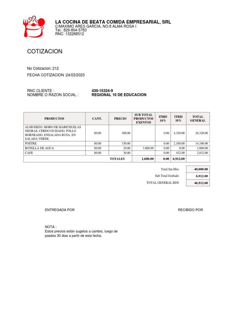 Cotizacion: La Cocina de Beata Comida Empresarial, SRL | PDF