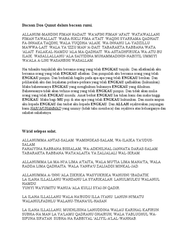 Bacaan Doa Qunut Dalam Bacaan Rumi | PDF