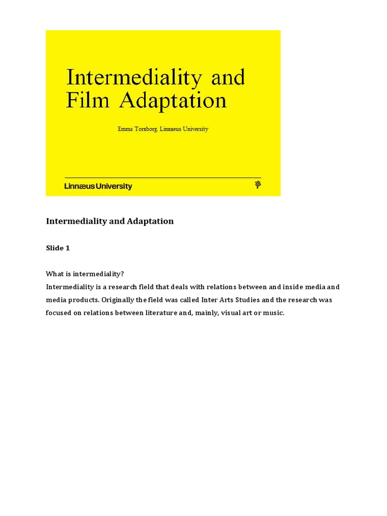 Intermediality and Adaptation: Slide 1 | PDF