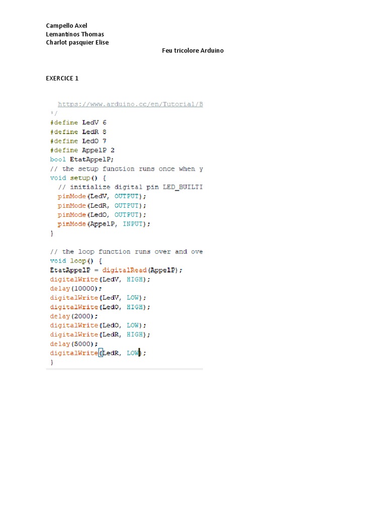Feu Tricolore Arduino Docx Fin Pdf