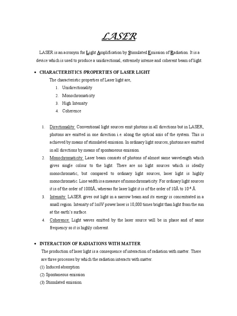 Lasers Notes Btech in Engineering | PDF | Laser | Emission Spectrum