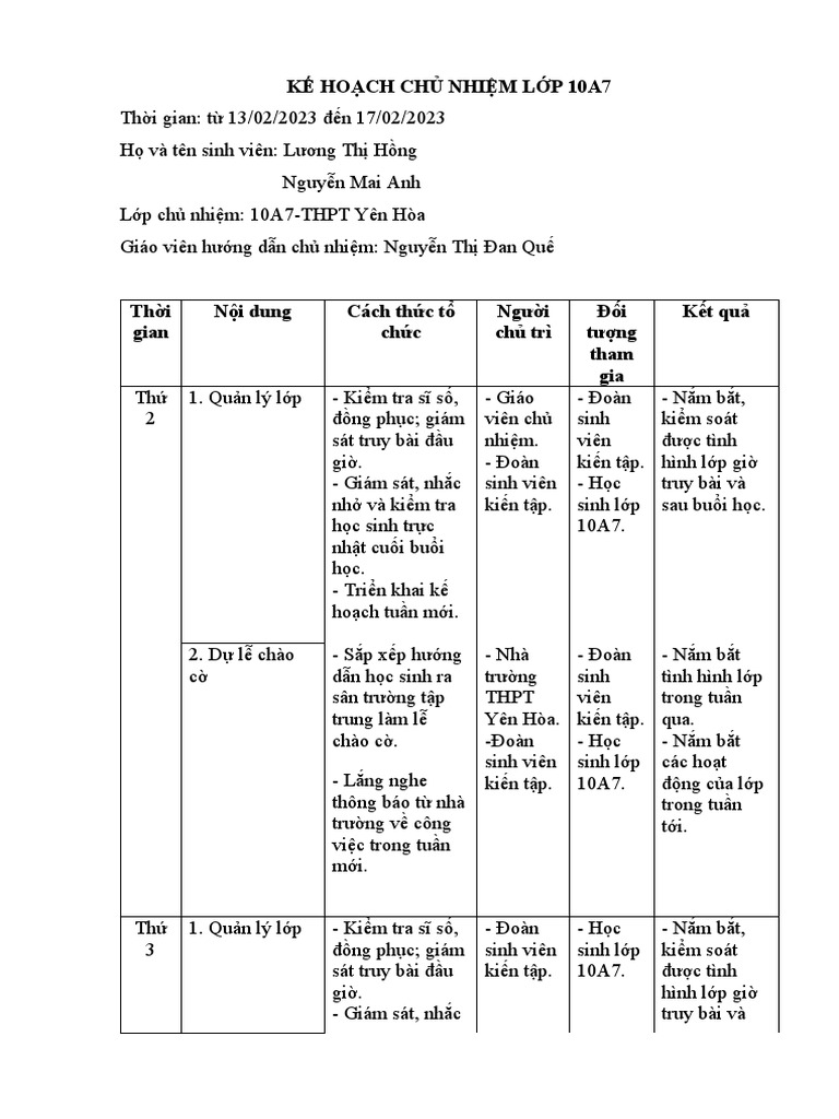 KẾ HOẠCH CHỦ NHIỆM LỚP 10A7 tuần 2 | PDF