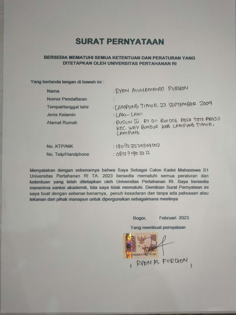 Surat Pernyataan Bersedia Mematuhi Peraturan Unhan - Compressed | PDF