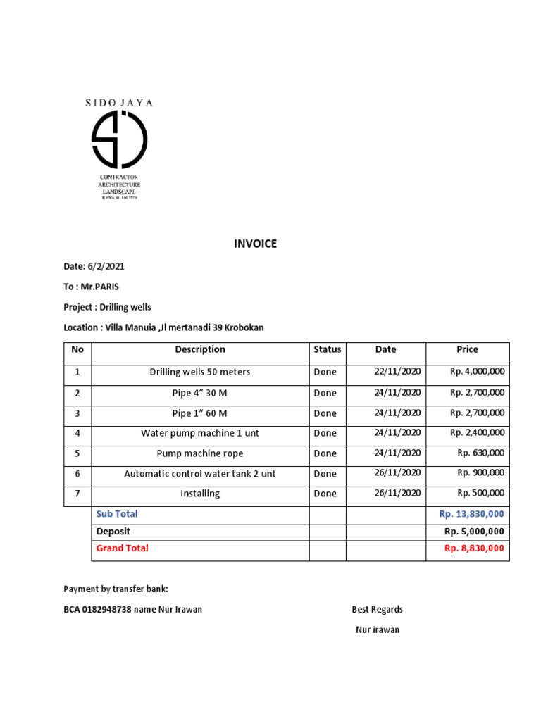 Invoice Manuia Water Well | PDF | Home & Garden
