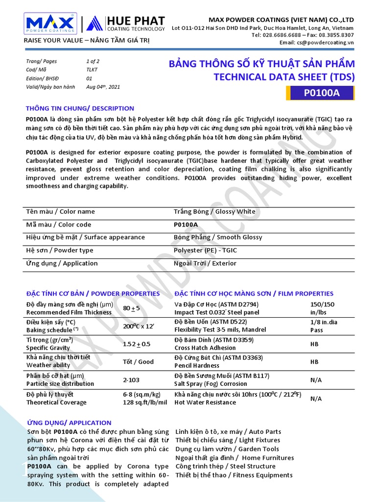 Bảng Thông Số Kỹ Thuật Sản Phẩm Technical Data Sheet (Tds) | PDF