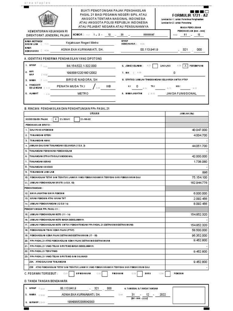 FORMULIR 1721 - A2: 00000047 Nomor: 01 12 1 2 12 20 | PDF