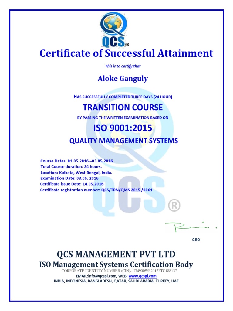 QMS 2015 Transition Certificate AG | PDF