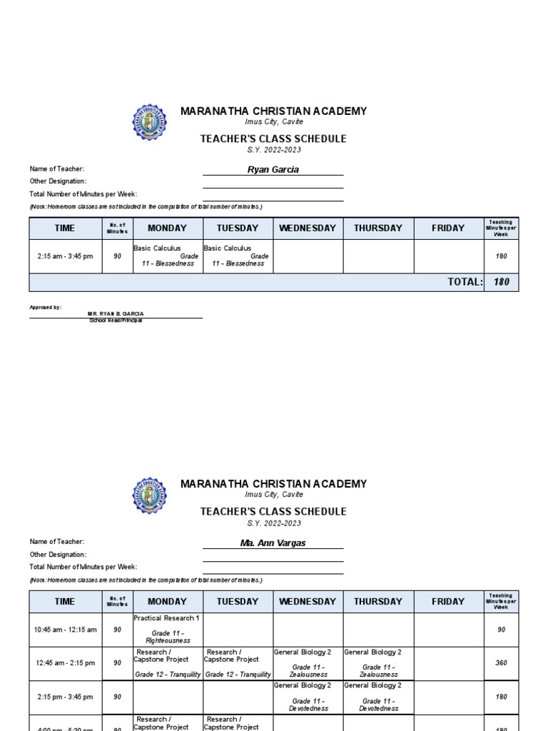 Maranatha Christian Academy: Teacher'S Class Schedule | PDF