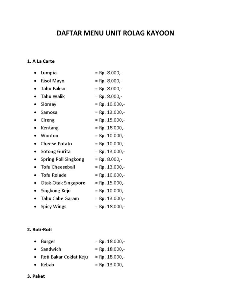 Daftar Menu Unit | PDF | Western Cuisine | Prepared Foods