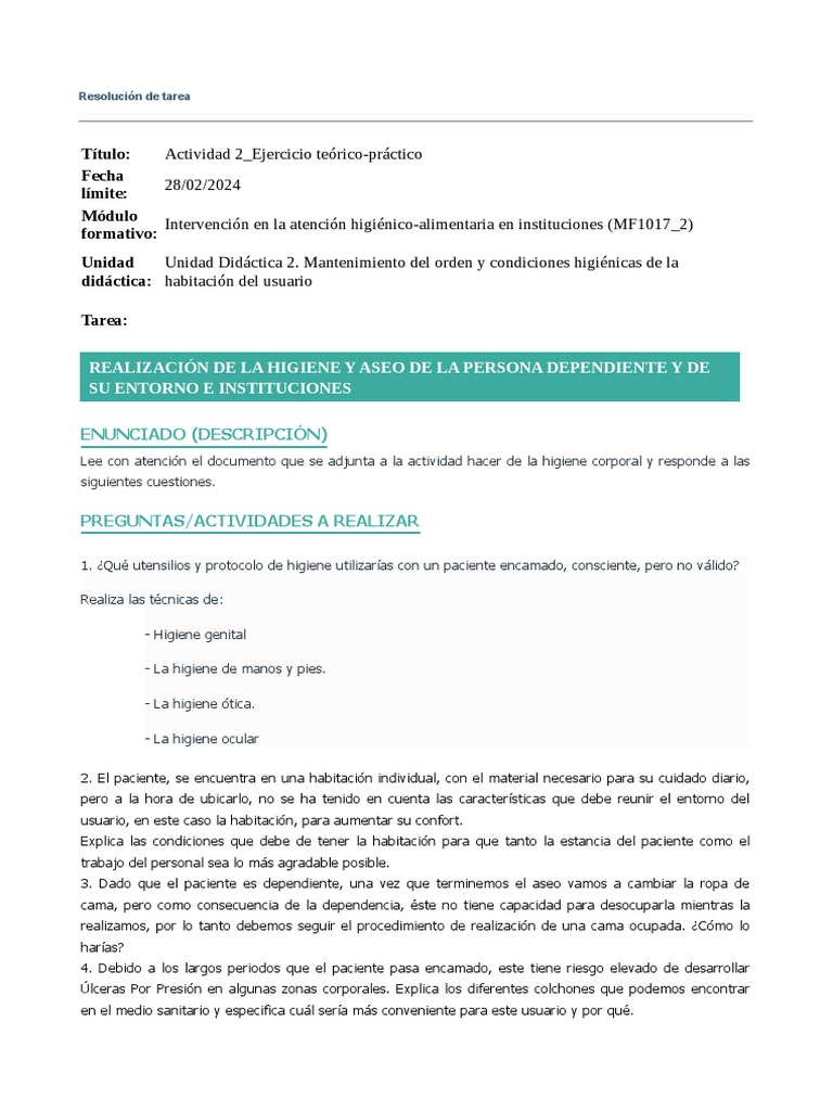 ACTIVIDAD 2 de La UD2 Del MF1017 | PDF | Colchón | Lavado de manos