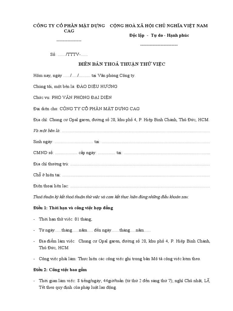 Mau Bien Ban Thoa Thuan Thu Viec | PDF