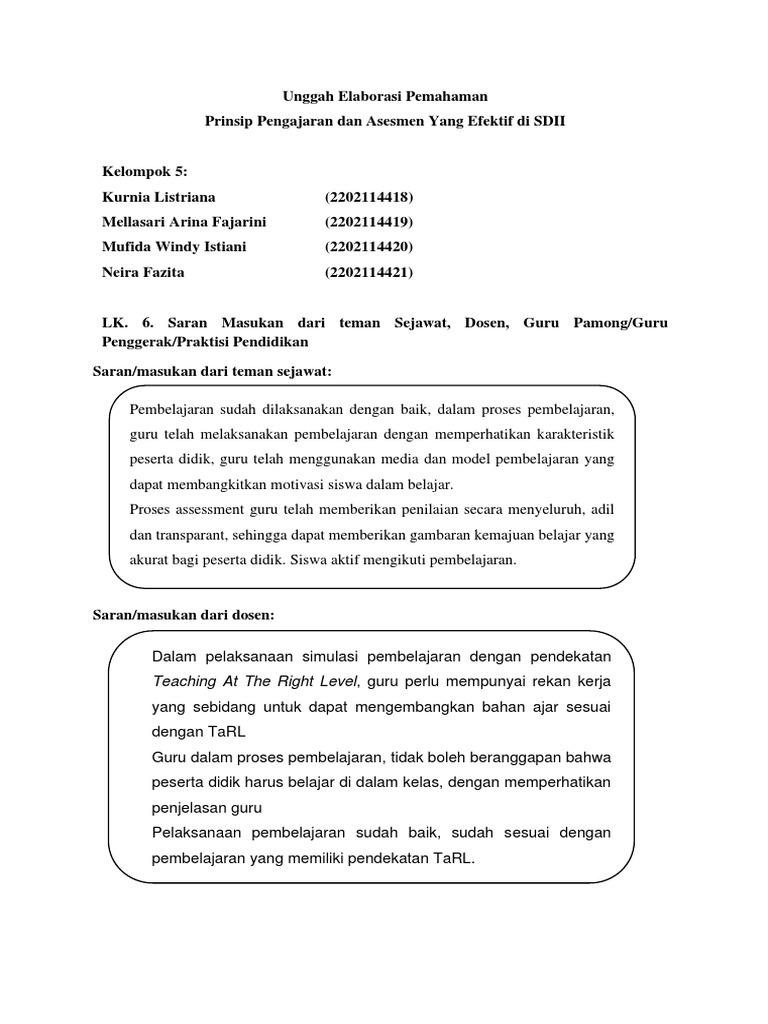 LK. 6. Saran Masukan Dari Teman Sejawat, Dosen, Guru Pamong Atau Guru ...