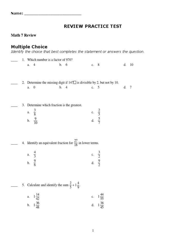 Reviewing Math Concepts: A Practice Test on Factors, Fractions ...