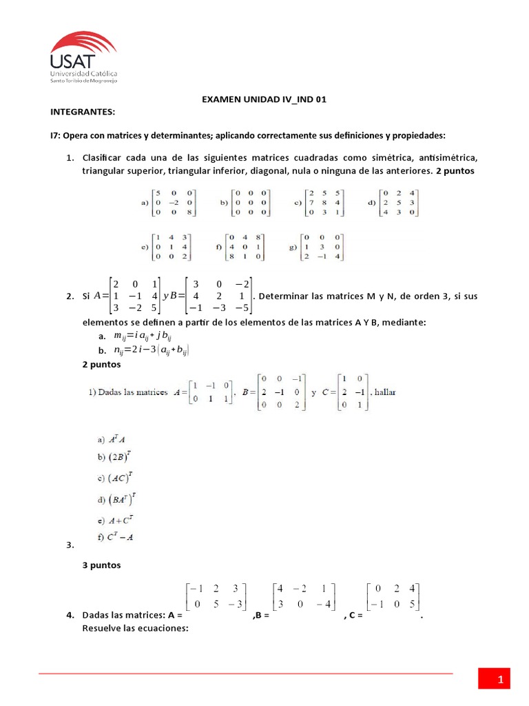 Examen de Cuarta Unidad - Ind01 - Arqa | PDF | Matriz (Matemáticas ...