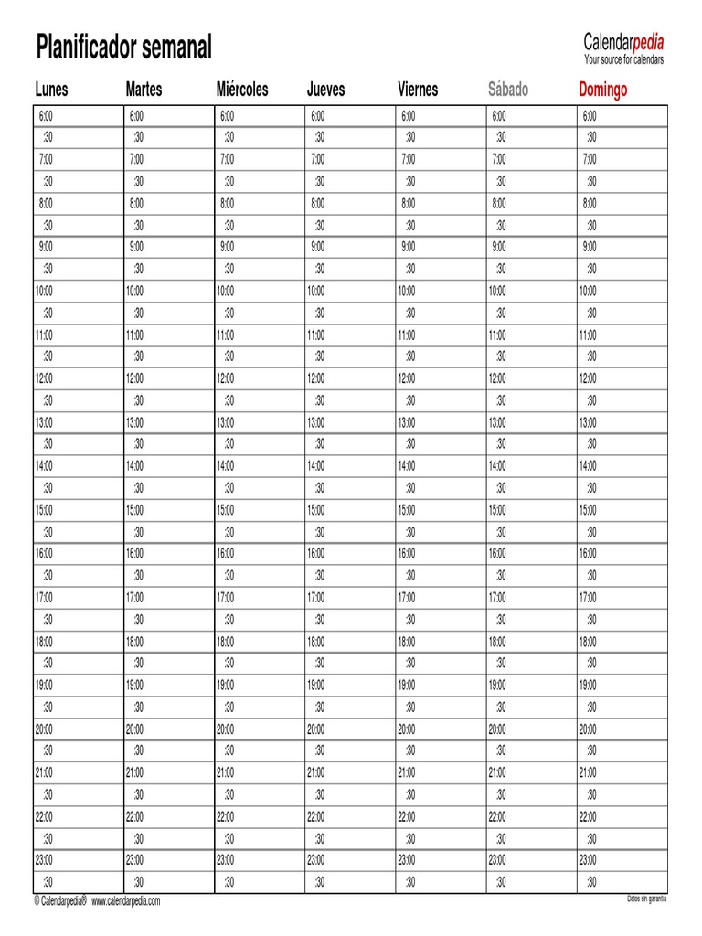 Planificador Semanal Horizontal 30 Minutos | PDF