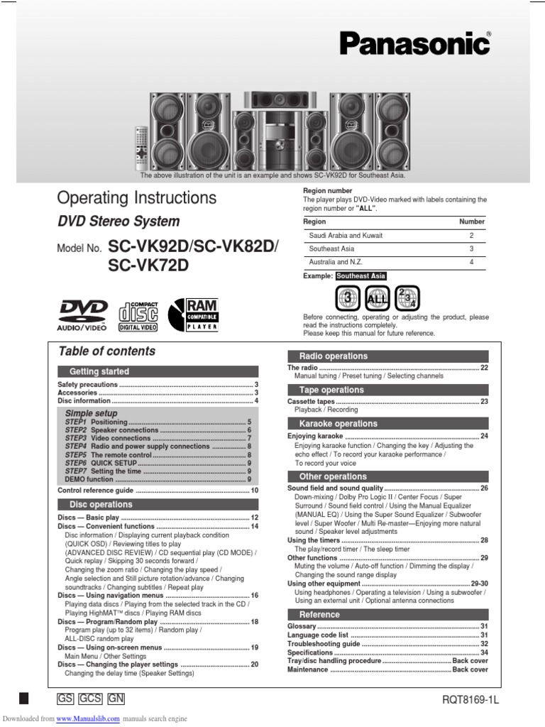 Setting up the SC-VK92D DVD player | PDF | Equalization (Audio) | Menu (Computing)