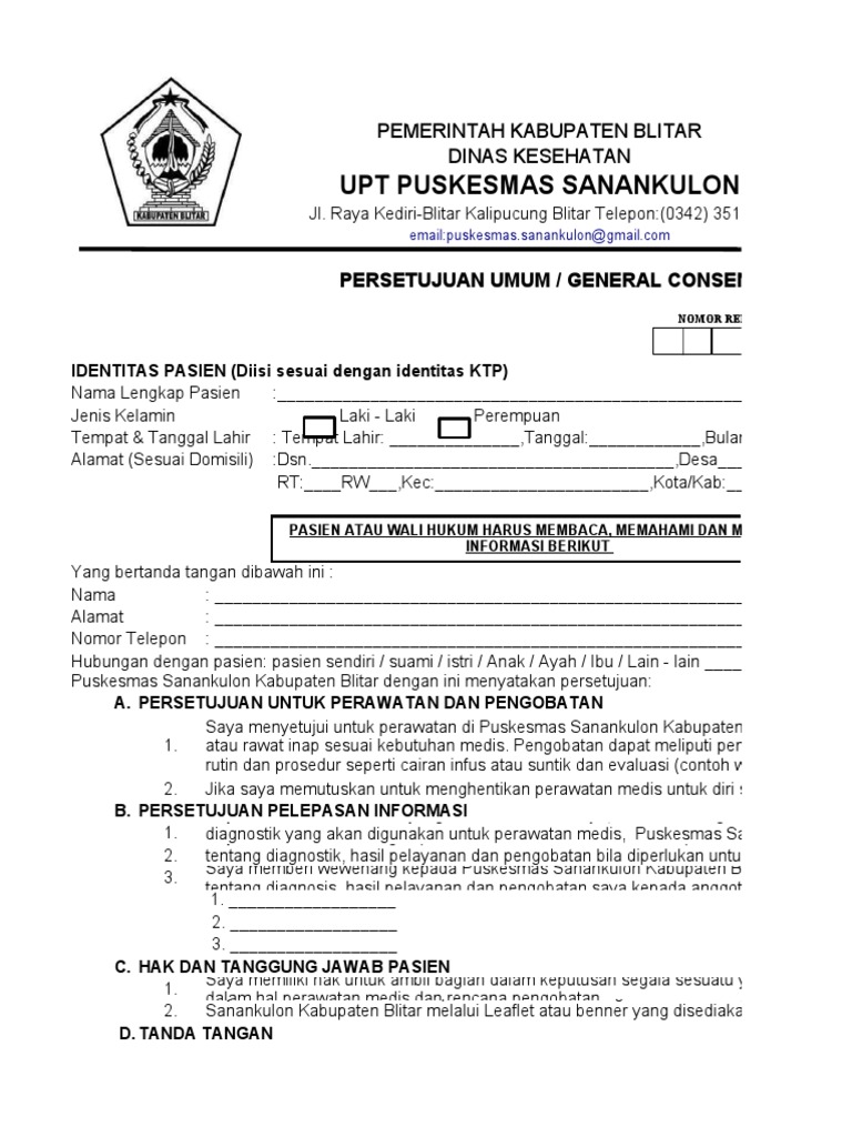 Upt Puskesmas Sanankulon: Persetujuan Umum / General Consent | PDF