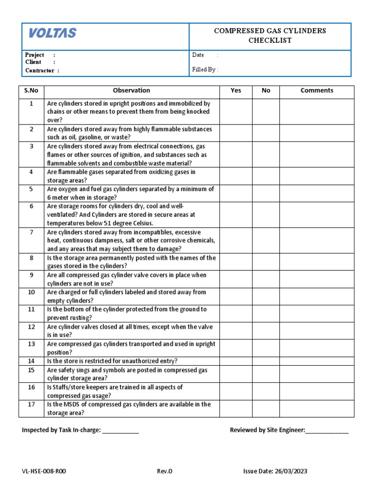VL-HSE-008-R00 Compressed Gas Cylinder Checklist | PDF | Gases | Industrial Processes