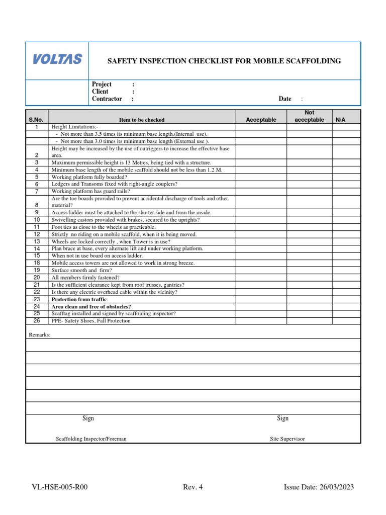 VL-HSE-005-R00 Safety Inspection Checklist for Mobile Scaffolding | PDF ...
