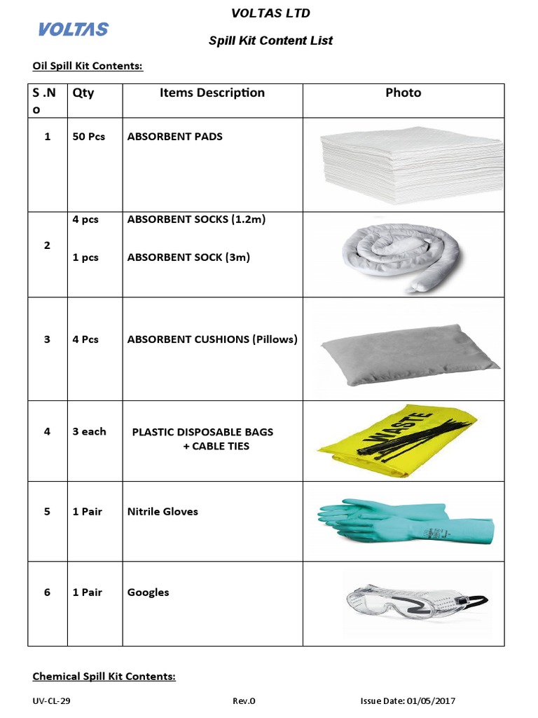 VL-HSE-003-R00 Spill Kit Content List | PDF | Personal Protective ...