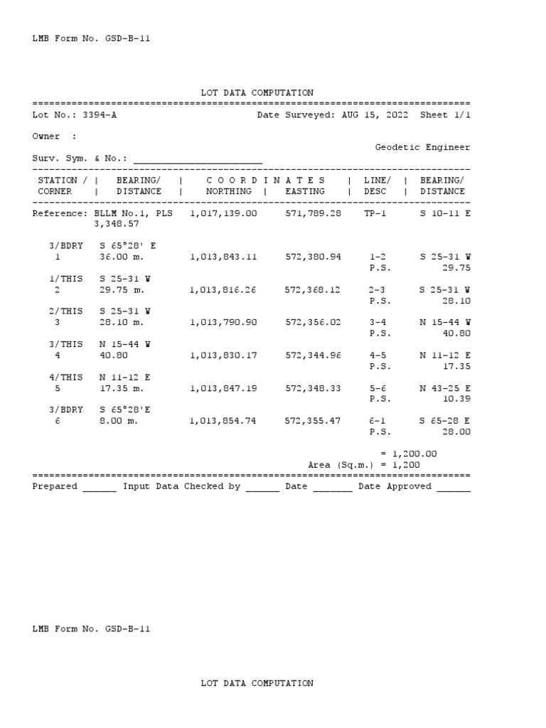 Lot Data Computation of Lot 1 | PDF | Surveying | Navigation