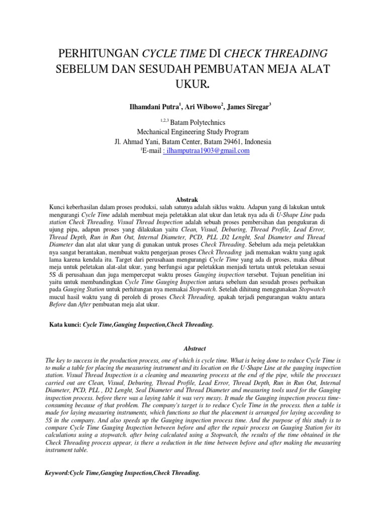 Perhitungan Cycle Time Di Check Threading Sebelum Dan Sesudah Pembuatan Meja Alat Ukur | PDF