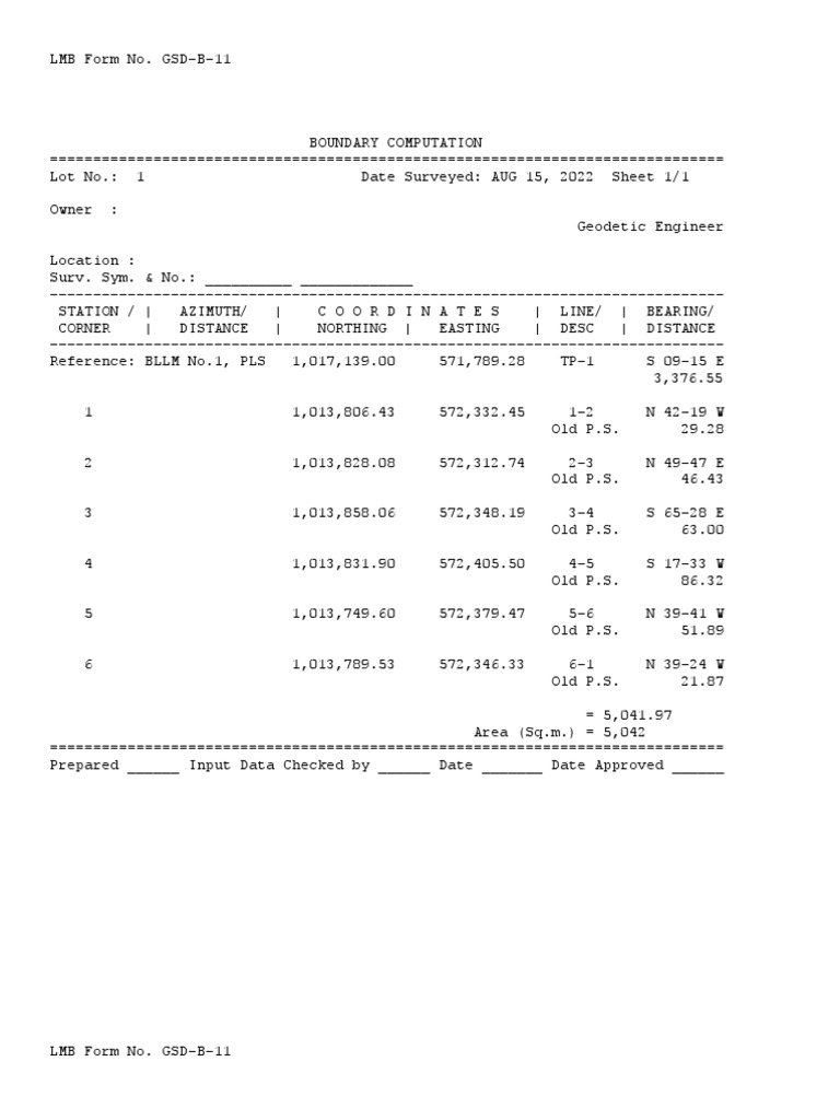 SAMPLE BOUNDARY COMPUTATION | PDF | Surveying | Cartography