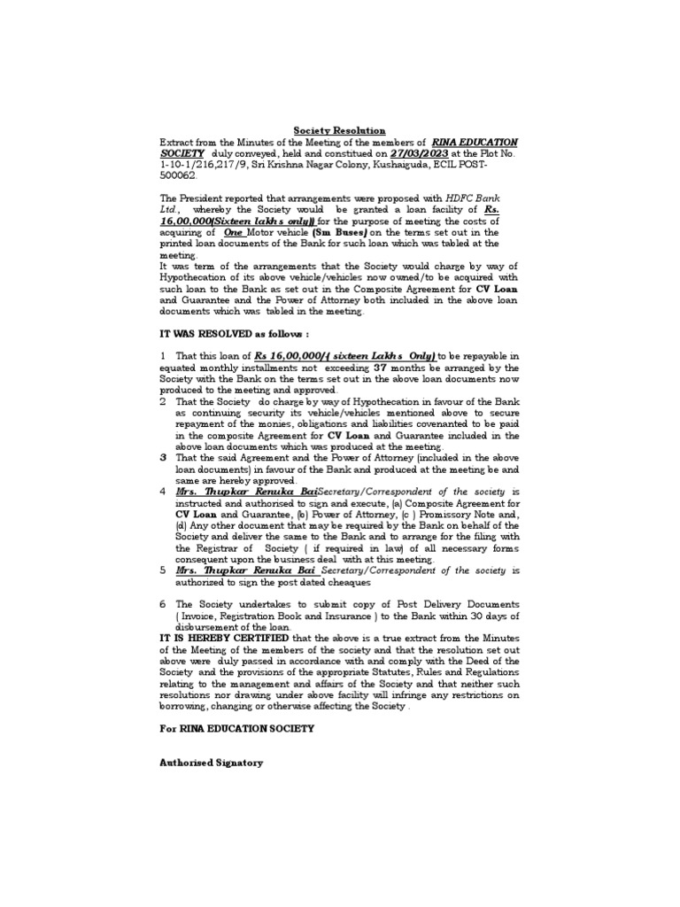 RINA Education Society Loan Resolution | PDF | Loans | Banks