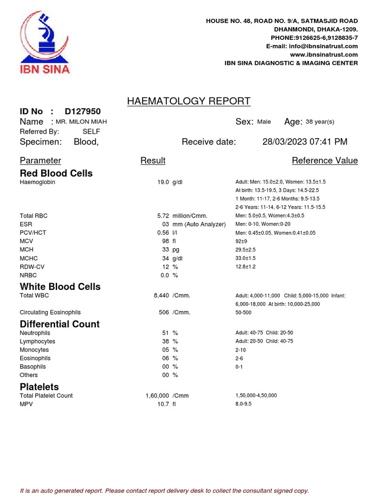 Haematology Report: Id No: D127950 | PDF | White Blood Cell | Cells