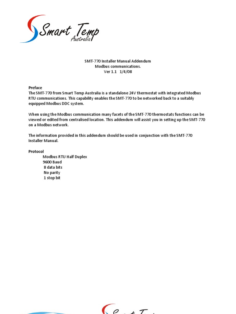 SMT 770 Installer Manual Addendum Modbus Communications | PDF ...