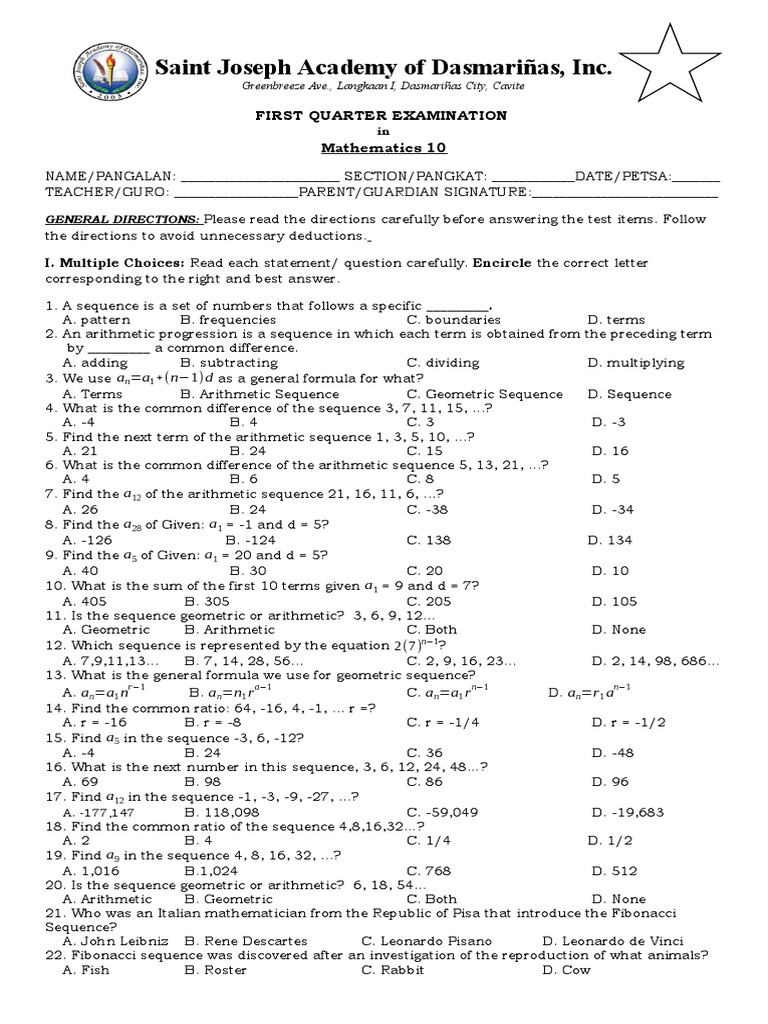 1st Quarterly Examination Math 10 | PDF | Variable (Mathematics ...