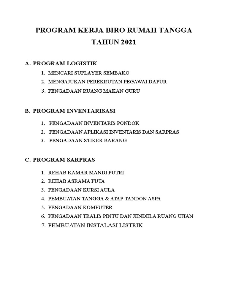 Program Kerja Biro Rumah Tangga 2021 | PDF