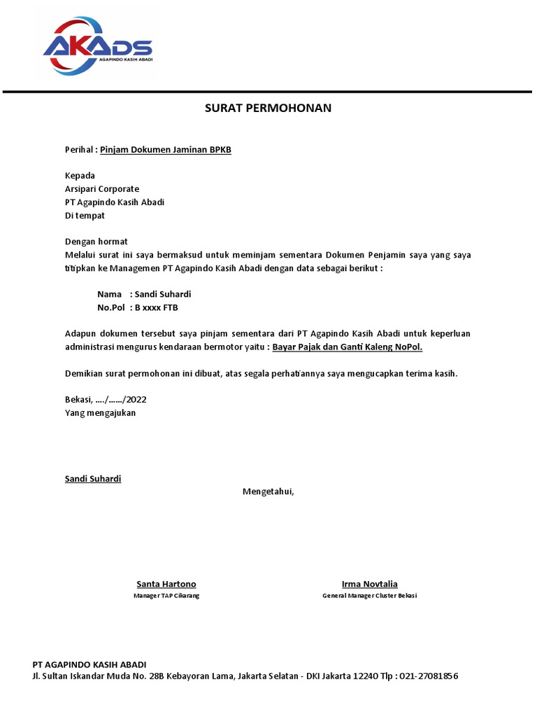 Surat Permohonan Pinjam BPKB | PDF