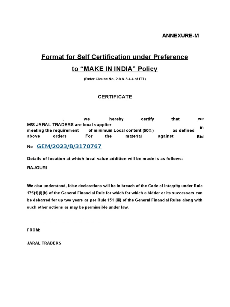 Format For Self Certification Under Preference To "MAKE IN INDIA ...