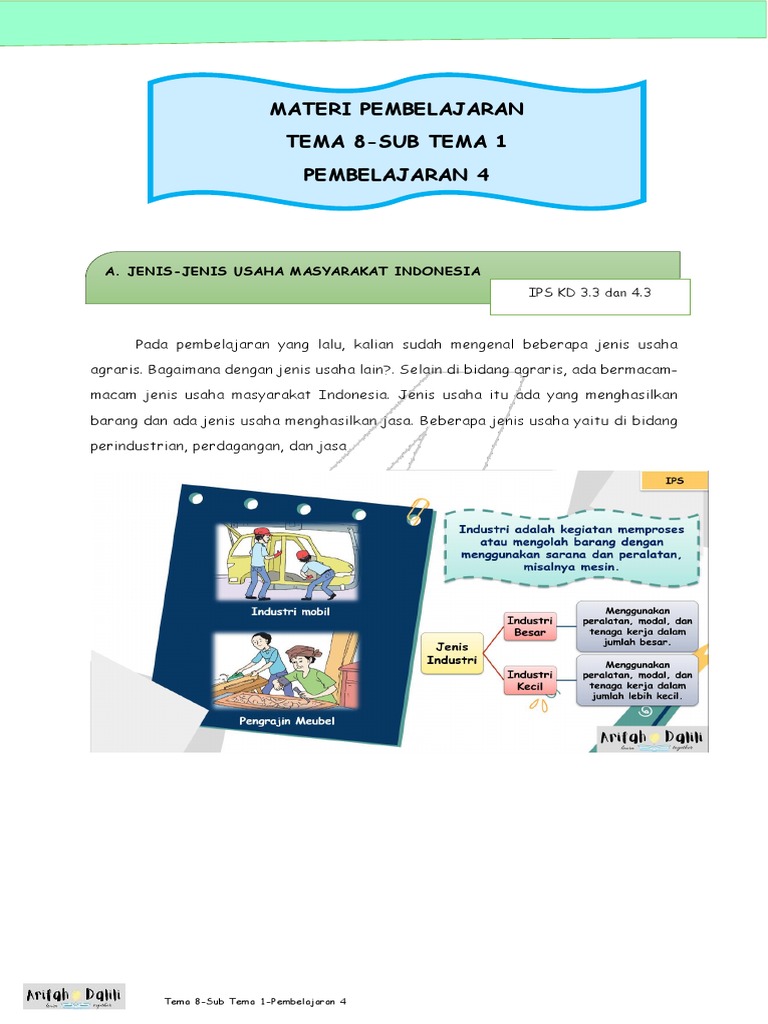 Materi Pembelajaran Tema 8-Sub Tema 1 Pembelajaran 4: A. Jenis-Jenis Usaha Masyarakat Indonesia ...