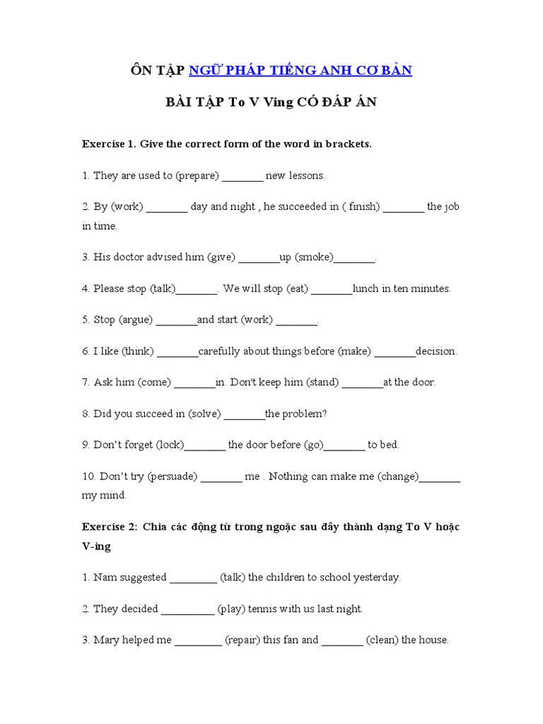 Ôn Tập Bài Tập To V Ving Có Đáp Án | PDF