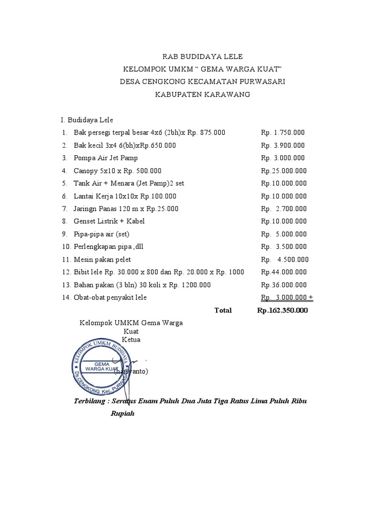 RAB BUDIDAYA LELE Umkm Gema Warga Kuat | PDF