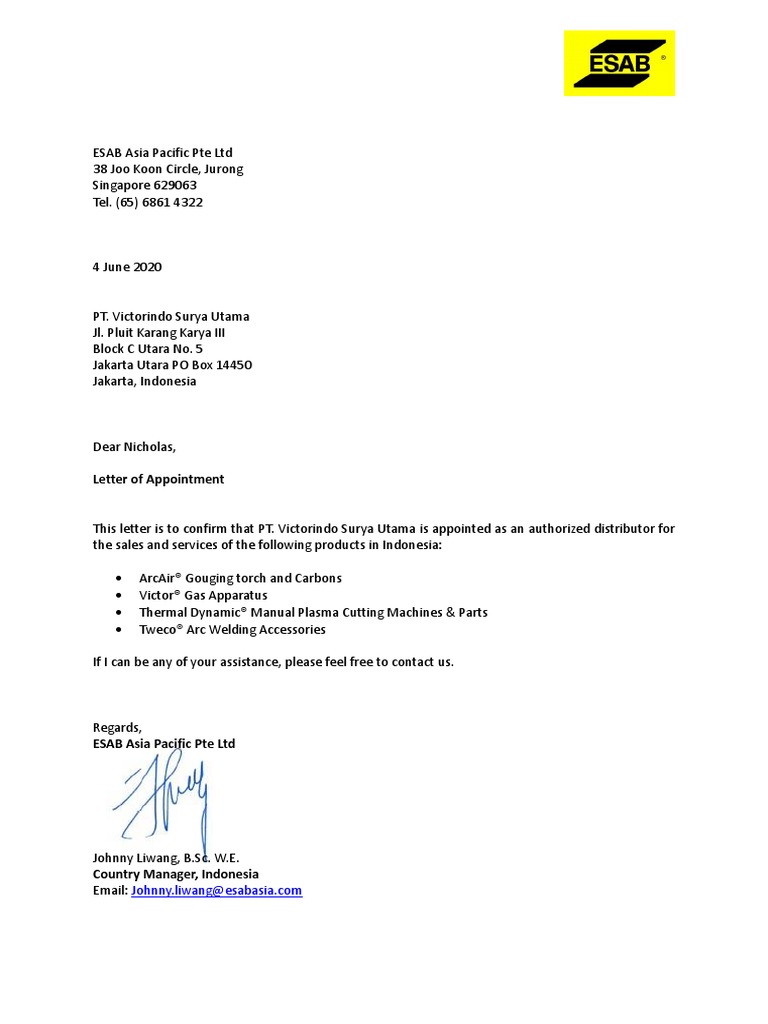 ESAB Distributor Appointment Letter | PDF | Technology & Engineering