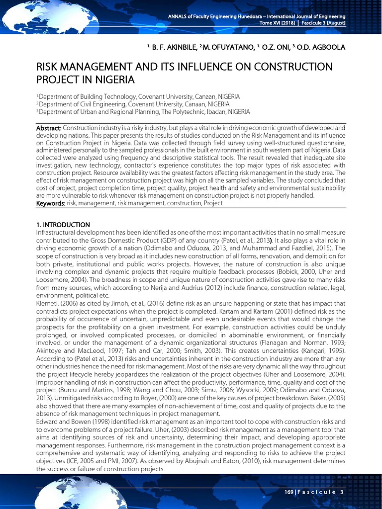 Risk Management and Its Influence On Construction Project in Nigeria ...