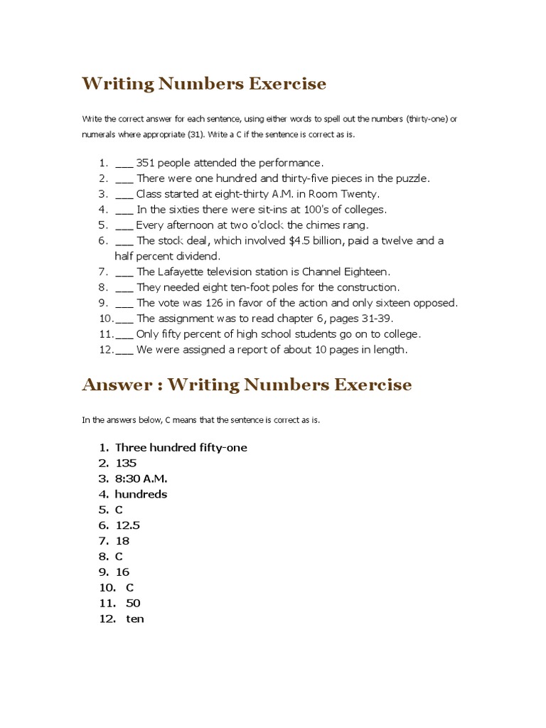 Writing Numbers Exercise | PDF