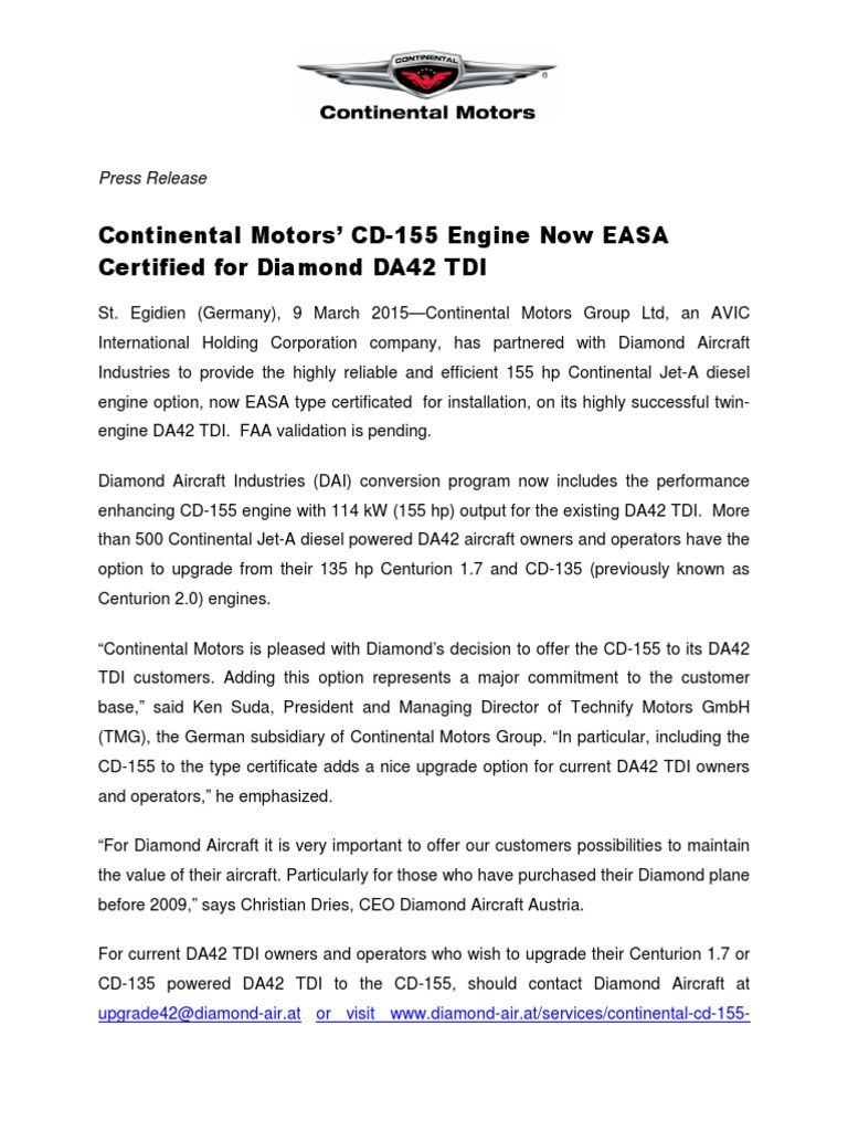 Press Release - Continental Motors CD-155 Engine Now EASA Certified For ...